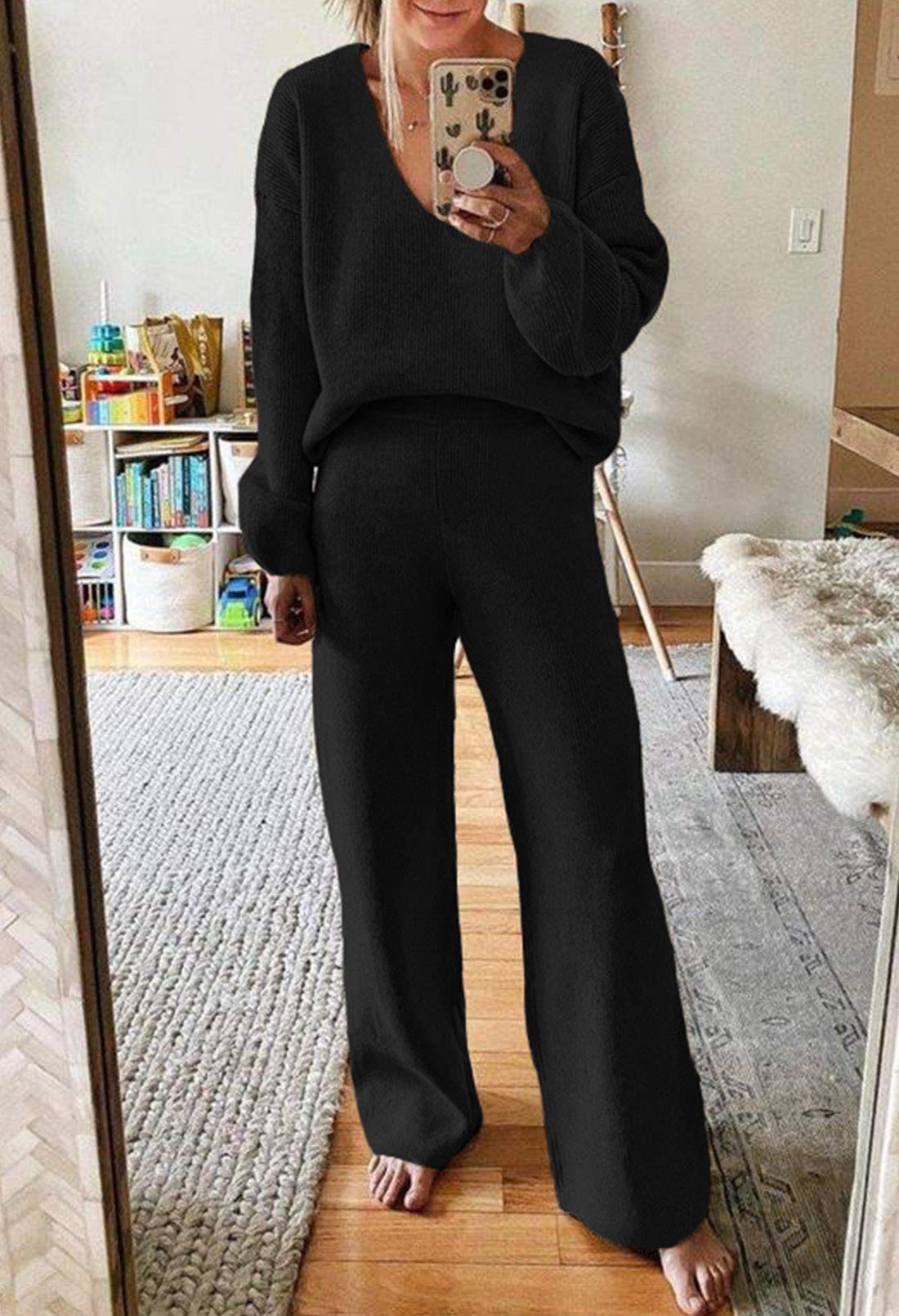 Fixmatti Women 2 Piece Outfit Set Long Sleeve Knit Pullover V Neck Sweater Top and Wide Leg Pant Sweatsuit Black XL