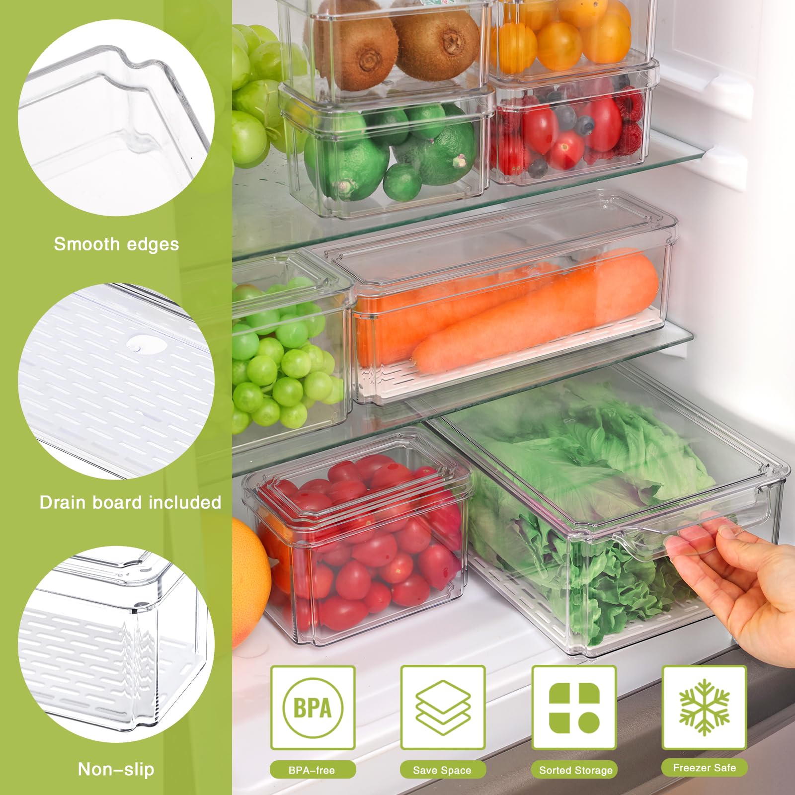 Moretoes 12 Pack Fridge Organizer with Lids, Clear Stackable Refrigerator Organizer Bins with 6 liners, BPA-Free Produce Fruit Storage Containers and Plastic Pantry Organization for Food, Vegetable
