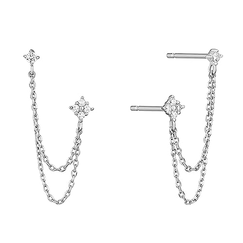 GLAHORSE 925 Sterling Silver Four Zircons Flower Stud Earrings For Women Double Studs Chain Tassel Piercing Earring 18K Gold