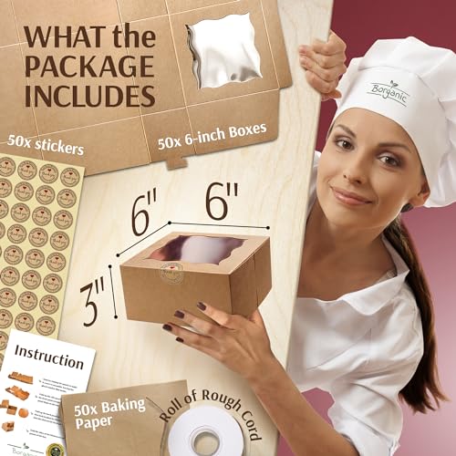 BORGANIC Cookie Boxes For Packaging - The Strongest 6x6x3 Cookie Boxes With Window [50 Pack] - Oil Resistant Cookie Boxes - Premium Bakery Boxes With Window - Cookie Boxes For Gift Giving