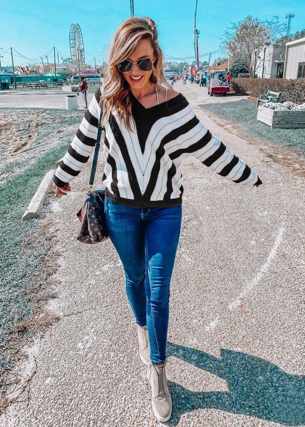 PRETTYGARDEN Women's Fashion Long Sleeve Striped Color Block Knitted Sweater Crew Neck Loose Pullover Jumper Tops (Striped Black,Medium)