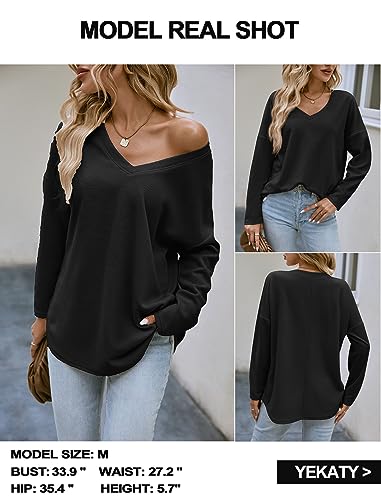 Womens Casual Waffle Knit Loose Long Sleeve Shirts V Neck Pullover Sweater Tops Fall Outfits Black