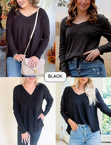 Womens Casual Waffle Knit Loose Long Sleeve Shirts V Neck Pullover Sweater Tops Fall Outfits Black