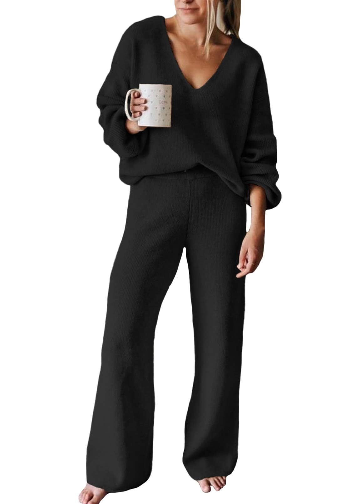 Fixmatti Women 2 Piece Outfit Set Long Sleeve Knit Pullover V Neck Sweater Top and Wide Leg Pant Sweatsuit Black XL