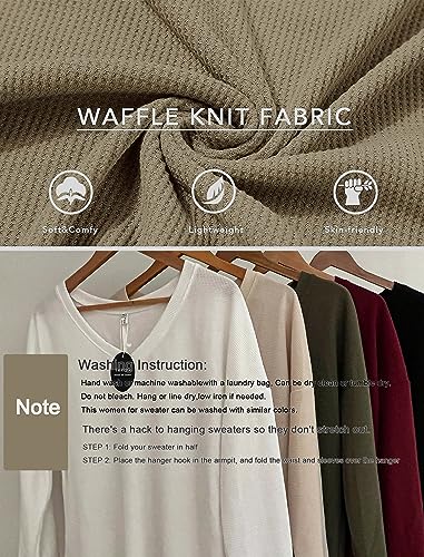Womens Casual Waffle Knit Loose Long Sleeve Shirts V Neck Pullover Sweater Tops Fall Outfits Black