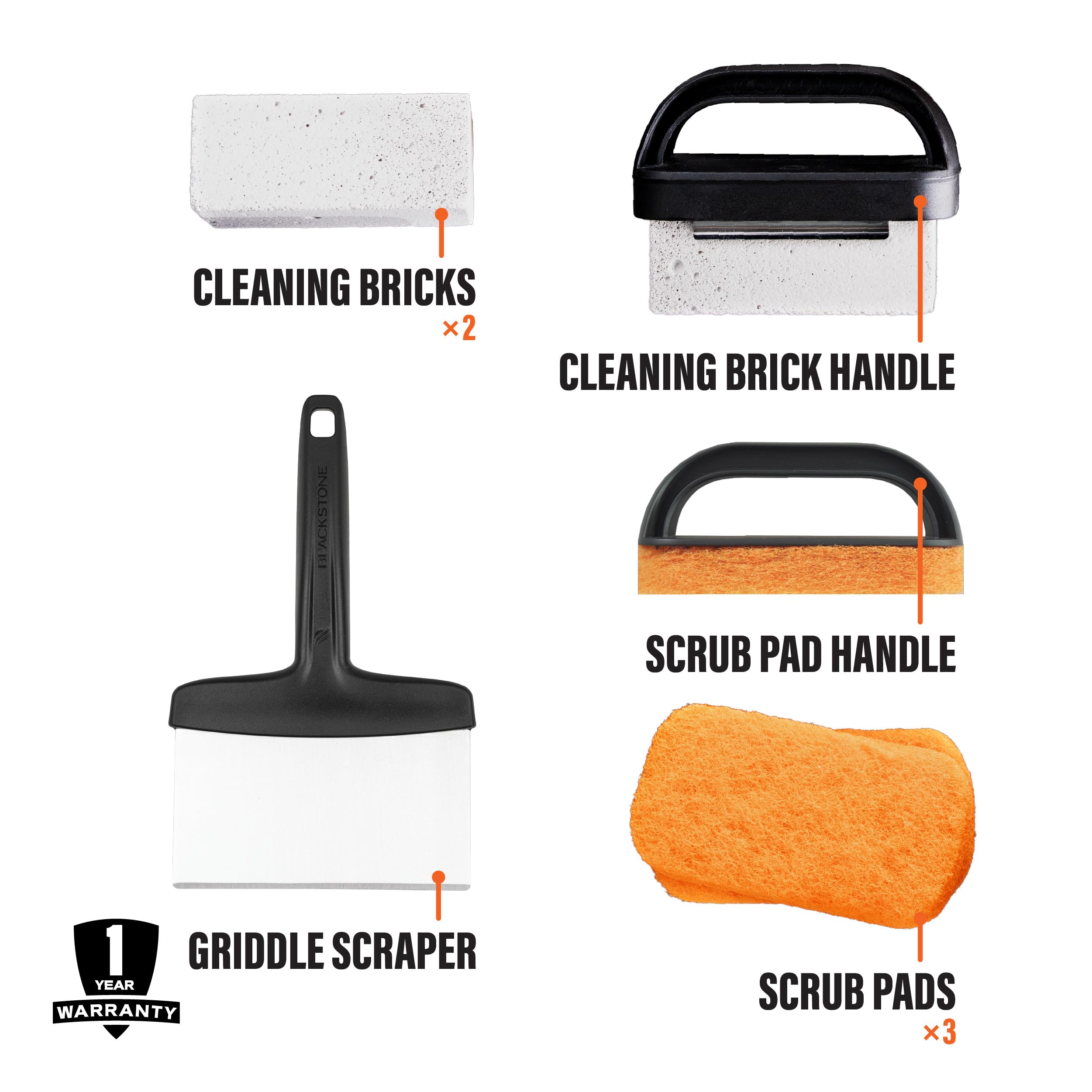 Blackstone 5060 Grill & Griddle Kit 8 Pieces Premium Flat Top Grill Accessories Cleaner Tool Set-1 Stainless Steel 6" Scraper, 3 Scouring Pads, 2 Cleaning Bricks, and 1 Handle, Black