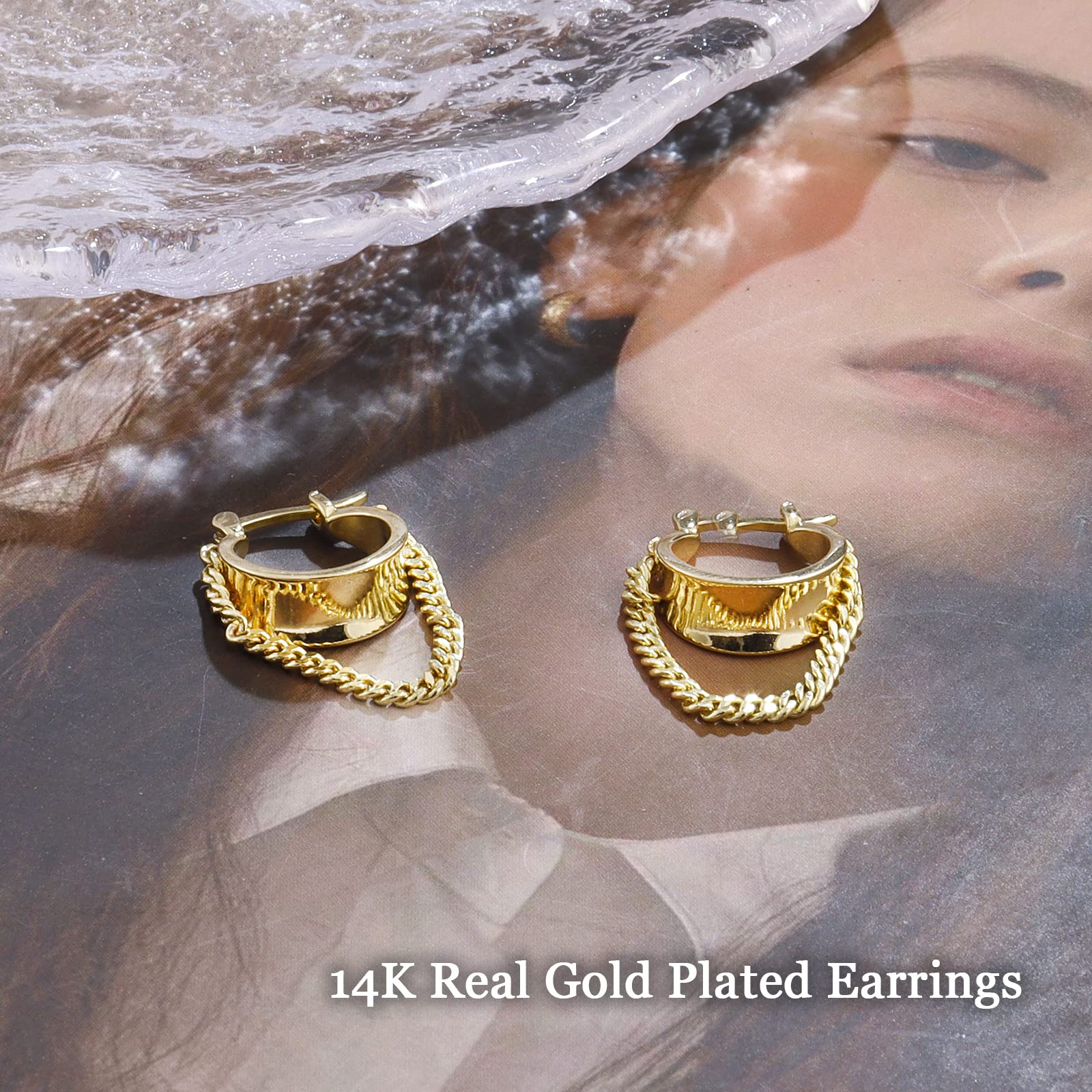 Ritach 925 Sterling Silver Small Huggie Hoop Earrings for Women Trendy 14K Gold Plated Chain Hoop Flower Dangle Drop Earrings