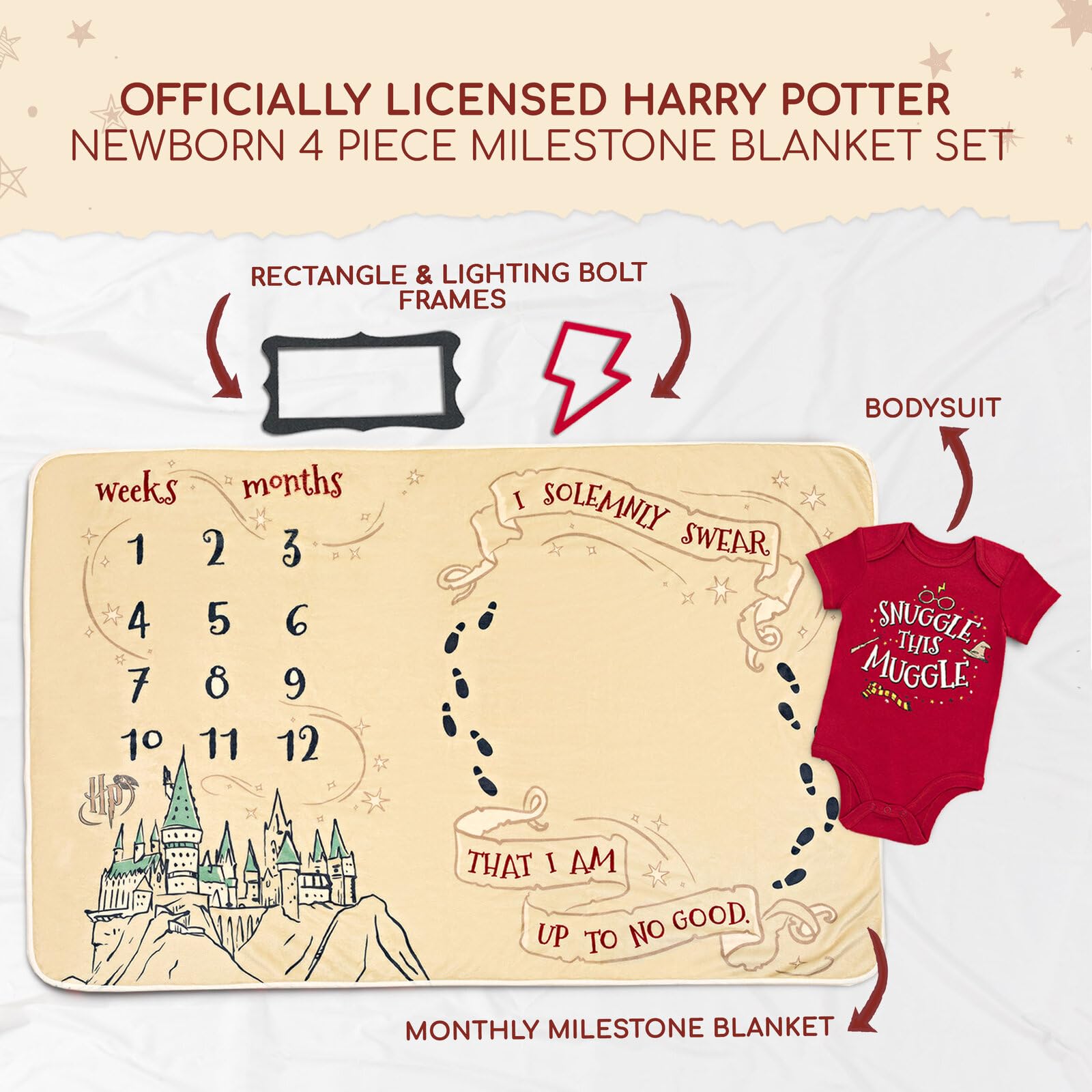 Harry Potter Newborn Baby Boys Bodysuit and Monthly Milestone Blanket 4 Piece Maroon/White 0-3 Months