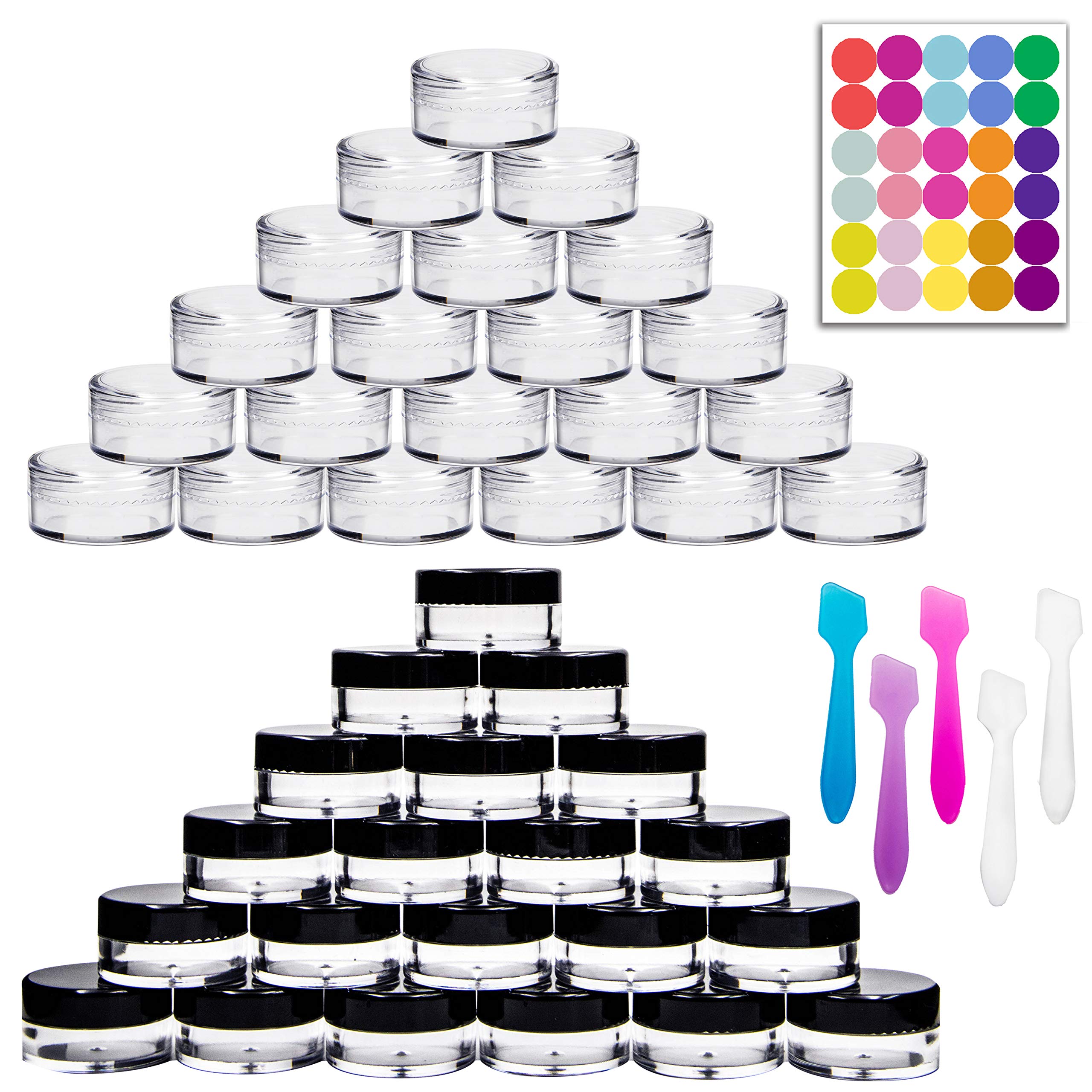 Youngever 140 Pcs Empty Plastic Cosmetic Samples Containers, Plastic Jars With Lids, 5 Mini Spatulas (5 Gram)