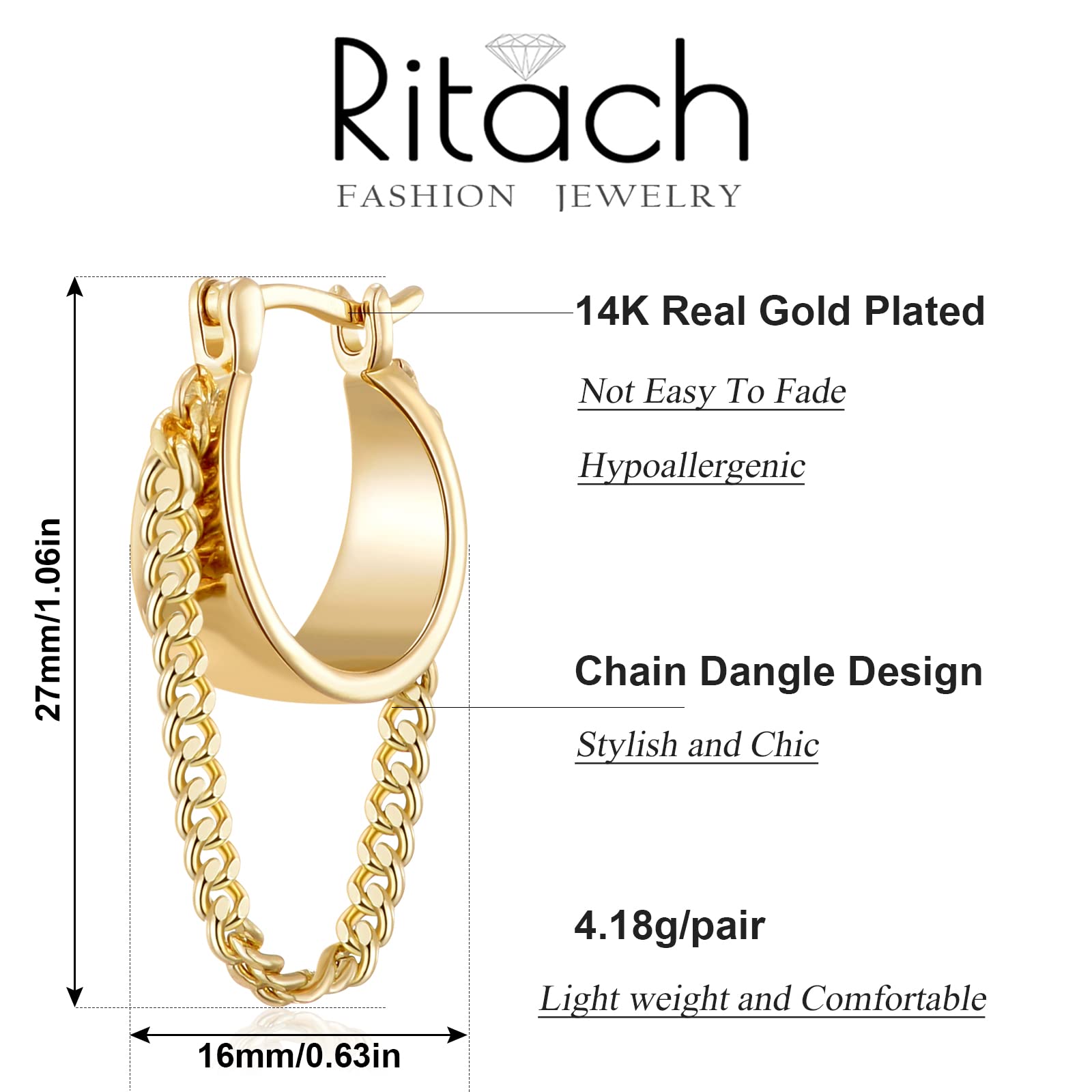 Ritach 925 Sterling Silver Small Huggie Hoop Earrings for Women Trendy 14K Gold Plated Chain Hoop Flower Dangle Drop Earrings