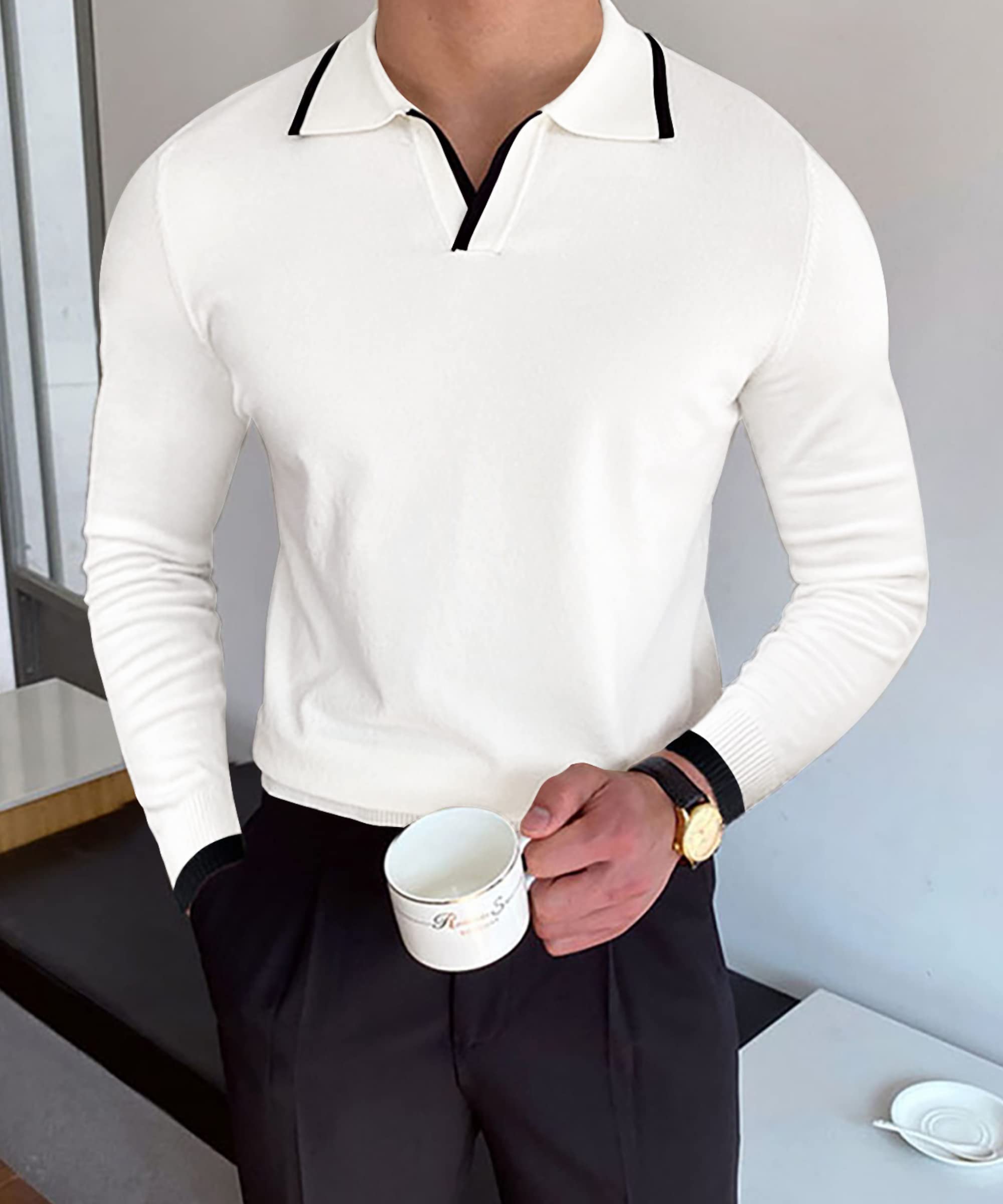 Mens Polo Sweater Long Sleeve Knitted Slim Fit Pullover V-Neck Casual Striped Knitwear Tops