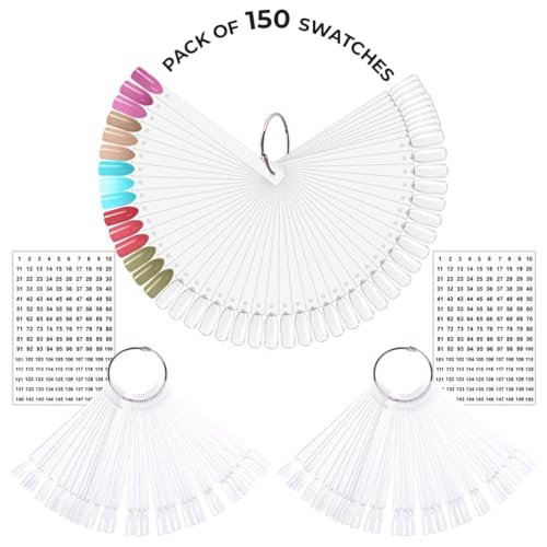 LA NOUR 150 Pcs - Nail Swatch Sticks with Ring & Stickers, – Practice Nail Tips, for Nail Polish, Gel, Dip Powder & Nail Art Practice – Clear, Large & Fan-Shaped – Best for Home & Salon (150 count)