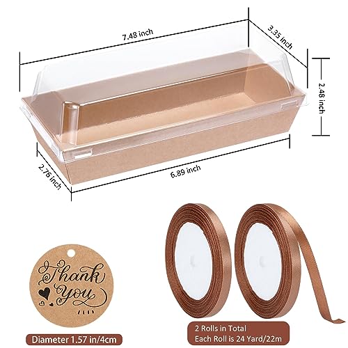 60 Pack Paper Charcuterie Boxes with Clear Secure Lids, 7.5 Inches Brown Bakery Boxes with 2 Rolls of Ribbon, Long Disposable Food Containers Treat Boxes for Macaroon, Cookies, Strawberry Dessert