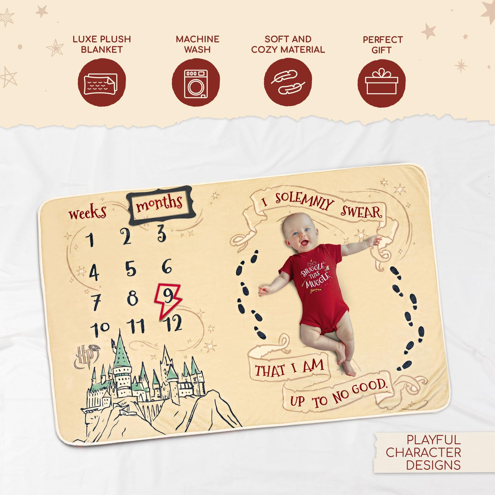 Harry Potter Newborn Baby Boys Bodysuit and Monthly Milestone Blanket 4 Piece Maroon/White 0-3 Months