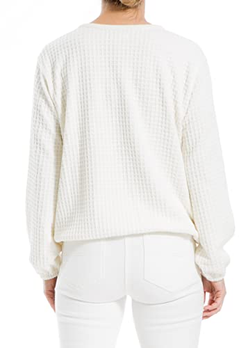 Max Studio Women's Waffle Knit V-Neck Long Sleeve Pullover US Small, Ivory
