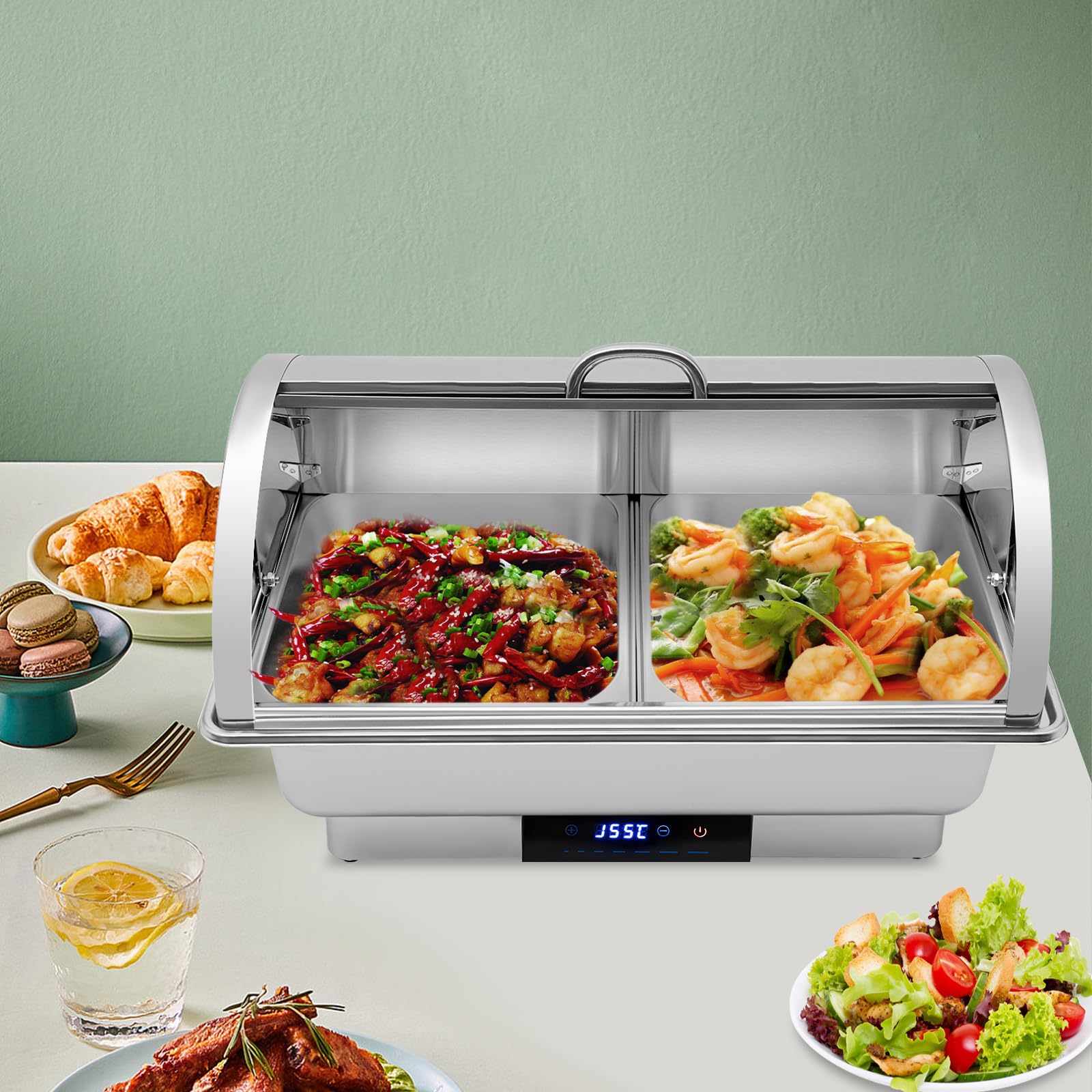 Electric Chafing Dish,Flip Top Chafing Dish,Dual Compartment Chafing Dish,Stainless Steel Electric Chafing Dis,for Parties,Wedding Brunches,Picnics,Buffets