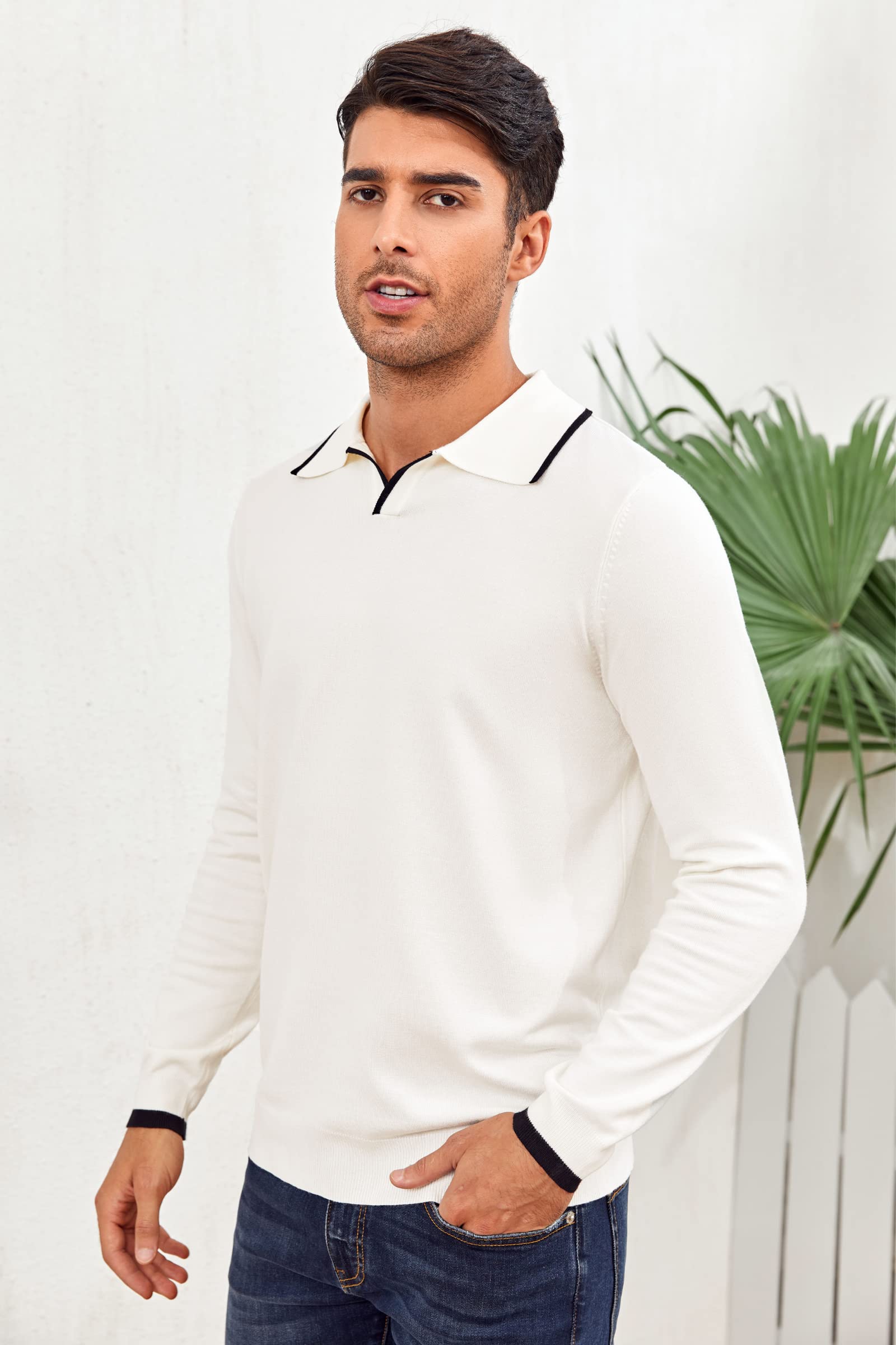 Mens Polo Sweater Long Sleeve Knitted Slim Fit Pullover V-Neck Casual Striped Knitwear Tops