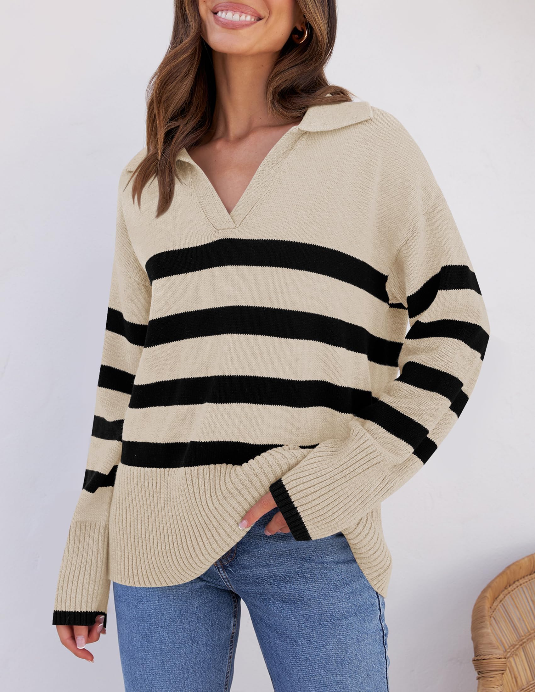 ZESICA Women's Winter Sweaters Lapel V Neck Long Sleeve Striped Chunky Knit Oversized Pullover Sweater Jumper Tops,Apricot,X-Large