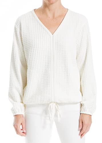 Max Studio Women's Waffle Knit V-Neck Long Sleeve Pullover US Small, Ivory