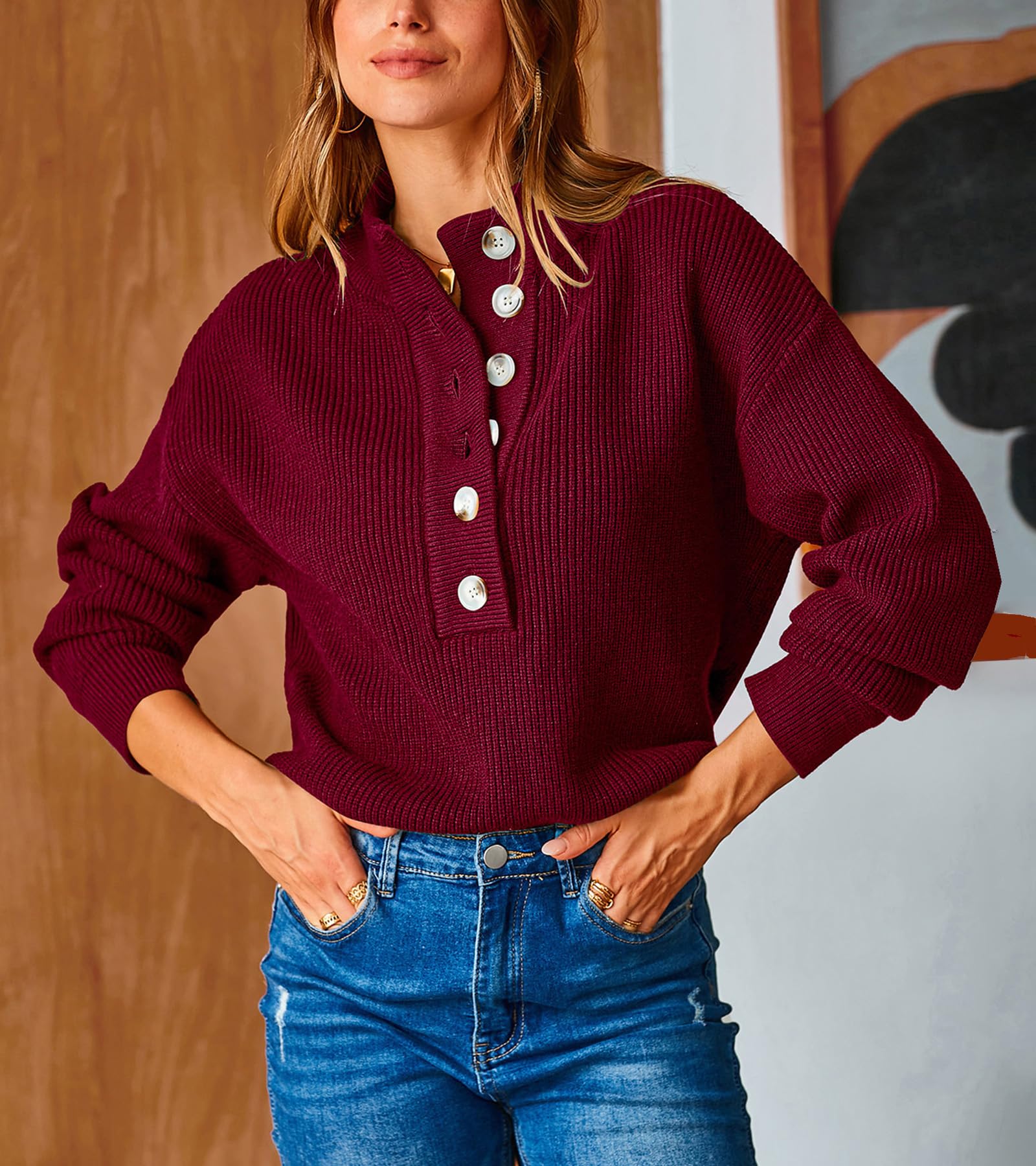 Okiwam Women's V Neck Button Sweater Loose Long Sleeve Cable Knit Pullover Fall Casual Jumper Top