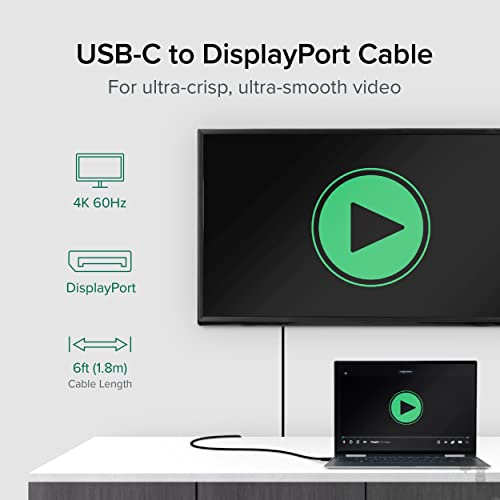 Plugable USB C to DisplayPort Cable 6 feet (1.8m), Up to 4K at 60Hz, USB C DisplayPort Cable - Compatible with Thunderbolt 4 / 3 and USB-C