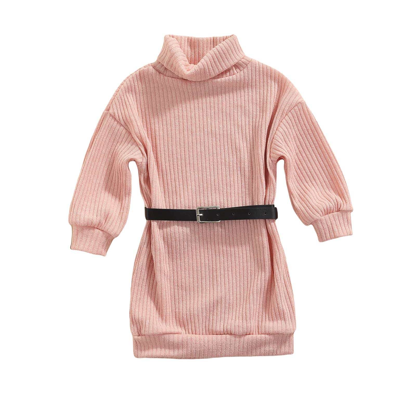 Girls Fall Dress, Kids Turtleneck Long Sleeve Knit Sweater Dress with Belt Toddler Girl Fall Outfits (Pink, 2-3 Years)