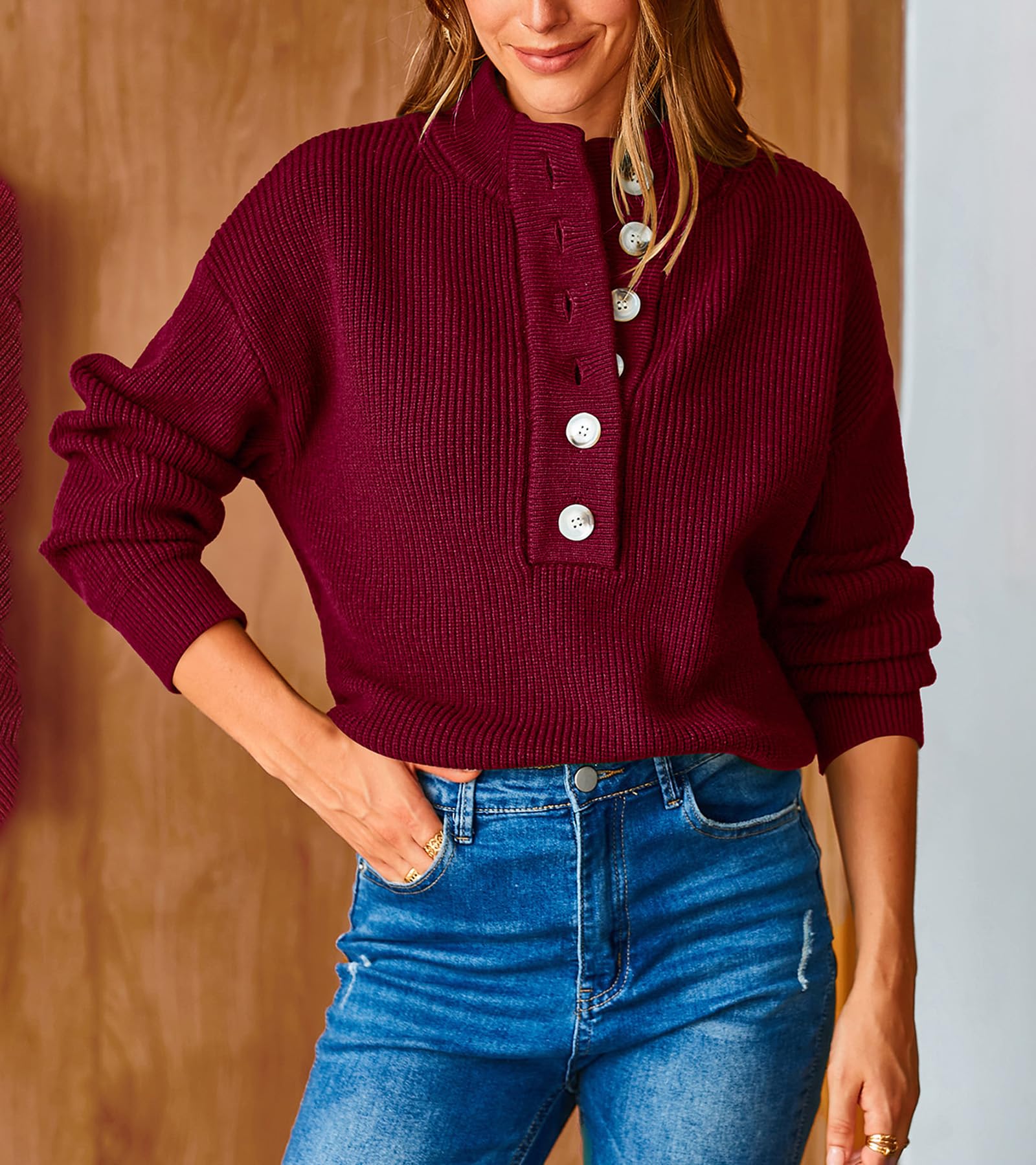 Okiwam Women's V Neck Button Sweater Loose Long Sleeve Cable Knit Pullover Fall Casual Jumper Top