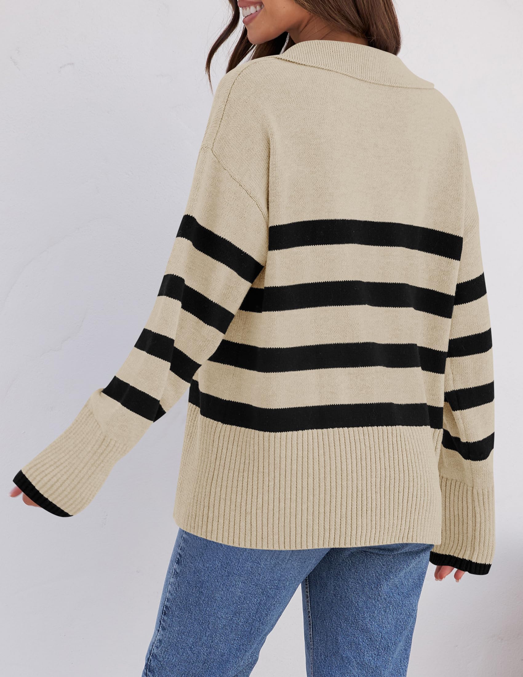 ZESICA Women's Winter Sweaters Lapel V Neck Long Sleeve Striped Chunky Knit Oversized Pullover Sweater Jumper Tops,Apricot,X-Large