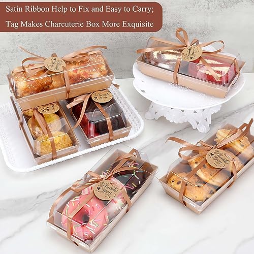 60 Pack Paper Charcuterie Boxes with Clear Secure Lids, 7.5 Inches Brown Bakery Boxes with 2 Rolls of Ribbon, Long Disposable Food Containers Treat Boxes for Macaroon, Cookies, Strawberry Dessert