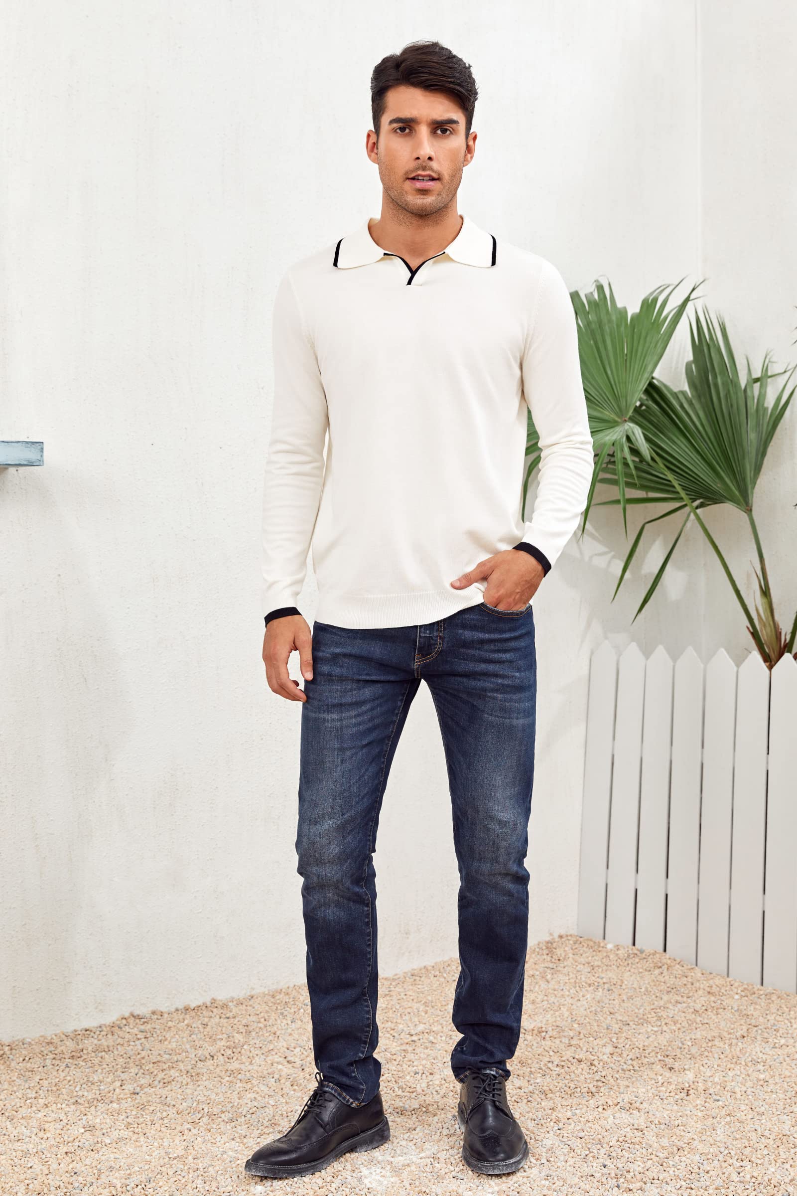 Mens Polo Sweater Long Sleeve Knitted Slim Fit Pullover V-Neck Casual Striped Knitwear Tops