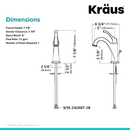KRAUS KBF-1201SFS Arlo Single Handle Basin Bathroom Faucet with Lift Rod Drain and Deck Plate, Spot-Free All-Brite Stainless Steel
