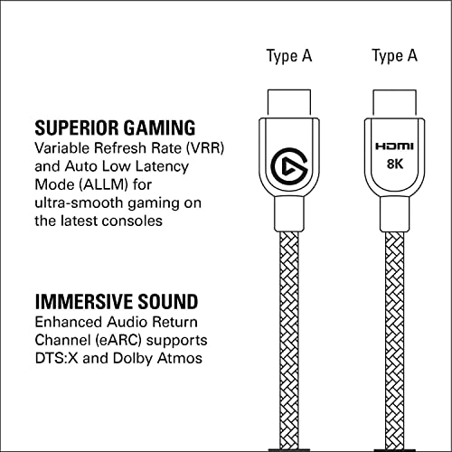 Elgato Ultra High Speed HDMI Cable β Certified HDMI 2.1, 48 Gbit/s, Supports 8K@60Hz, 4K@120Hz, Dynamic HDR, eARC, Dolby Atmos, Compatible with HD60 X, Sony PS4/PS5, Xbox Series X/S etc, 6.5ft