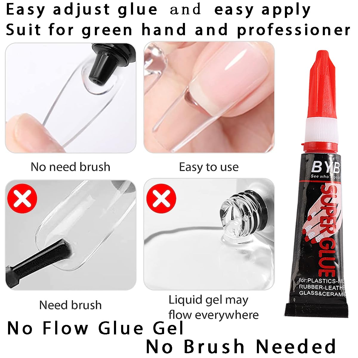 Nail Glue, Super Nail Glue for Acrylic Nails, Professional Nail Glue For Nail Tips for Press On Nails Long Lasting Acrylic Nail Glue For Nail Tips Pegamento Para Uñas Acrilicas Nails Glue 0.18OZ 2 Pcs