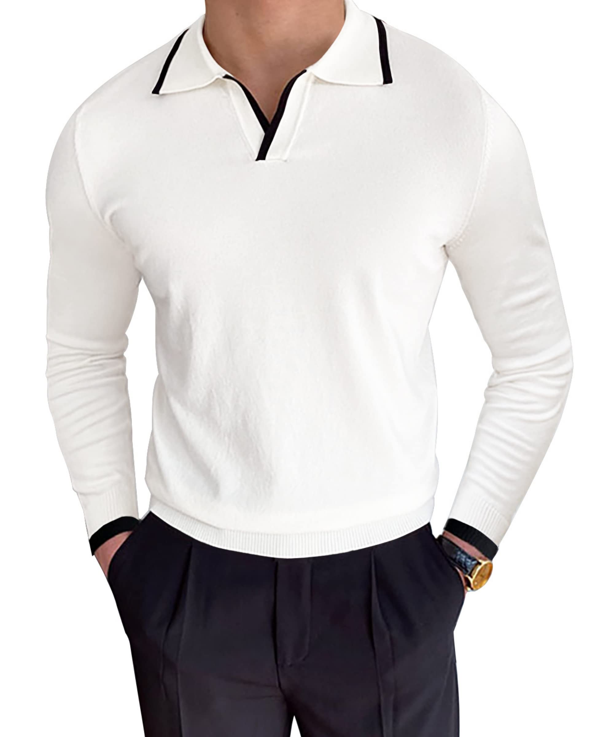 Mens Polo Sweater Long Sleeve Knitted Slim Fit Pullover V-Neck Casual Striped Knitwear Tops