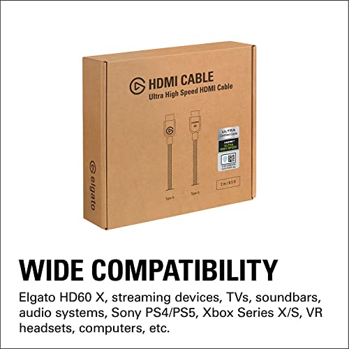 Elgato Ultra High Speed HDMI Cable β Certified HDMI 2.1, 48 Gbit/s, Supports 8K@60Hz, 4K@120Hz, Dynamic HDR, eARC, Dolby Atmos, Compatible with HD60 X, Sony PS4/PS5, Xbox Series X/S etc, 6.5ft