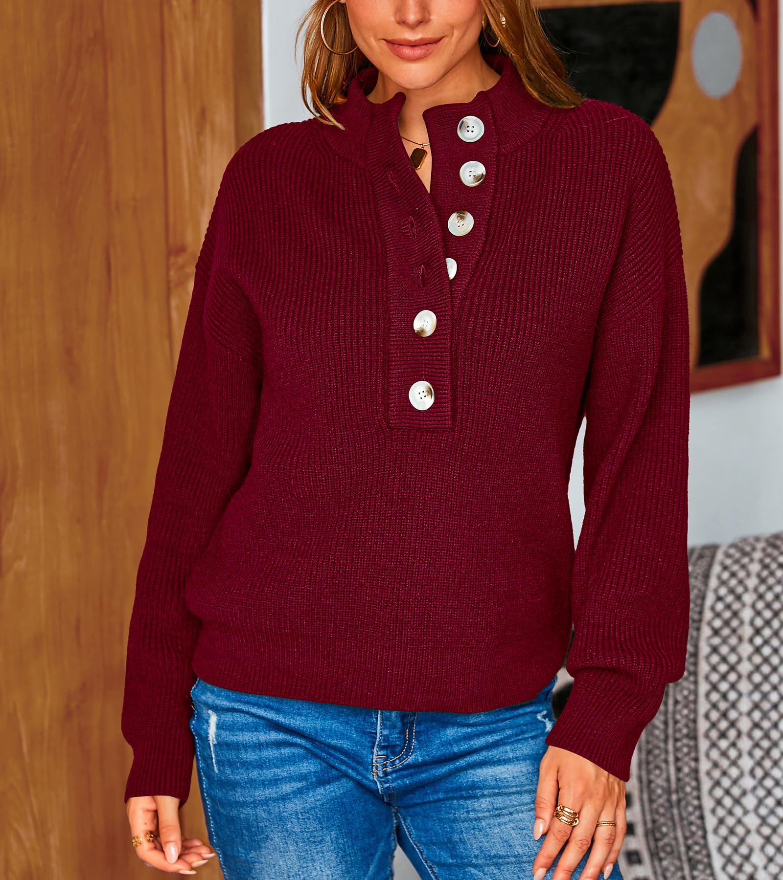 Okiwam Women's V Neck Button Sweater Loose Long Sleeve Cable Knit Pullover Fall Casual Jumper Top