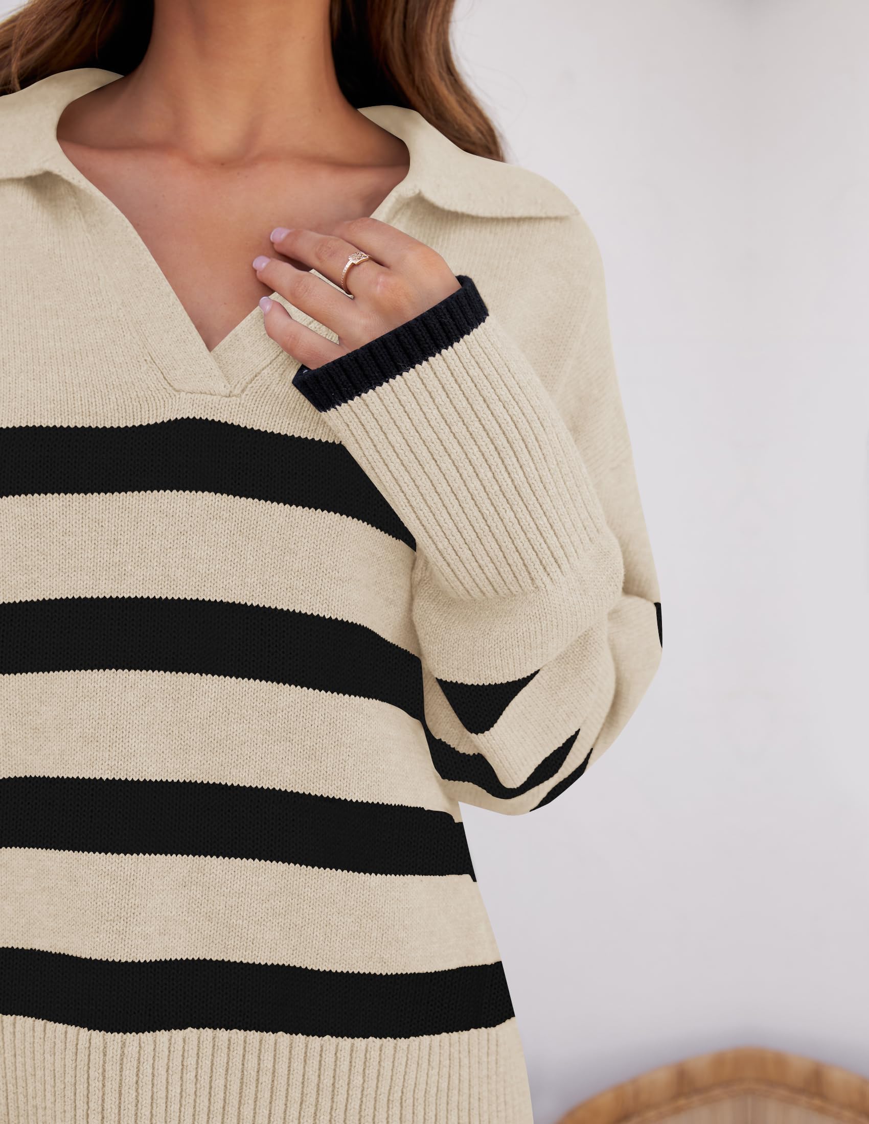 ZESICA Women's Winter Sweaters Lapel V Neck Long Sleeve Striped Chunky Knit Oversized Pullover Sweater Jumper Tops,Apricot,X-Large