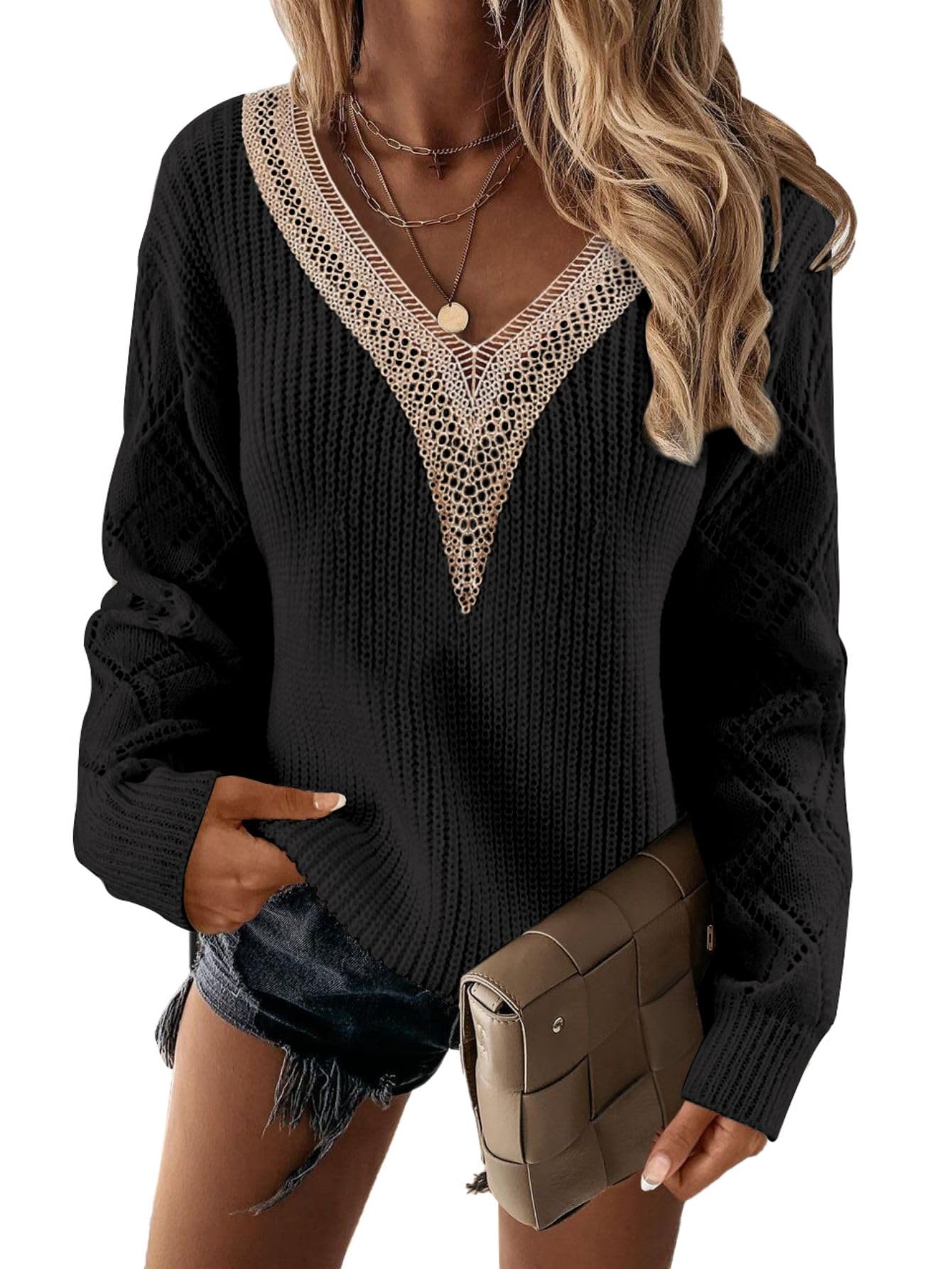 miduo Womens Long Sleeve V Neck Guipure Lace Panel Ladies Warm Ribbed Knit Pullovers Sweaters Jumper Tops Outerwear Cream White XL