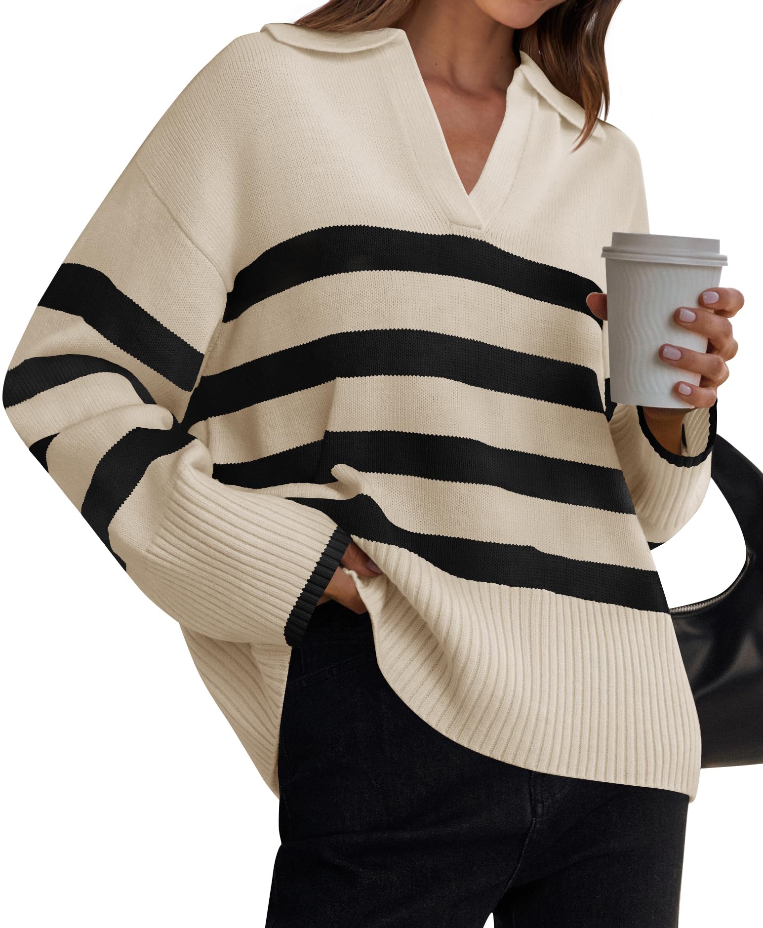 ZESICA Women's Winter Sweaters Lapel V Neck Long Sleeve Striped Chunky Knit Oversized Pullover Sweater Jumper Tops,Apricot,X-Large