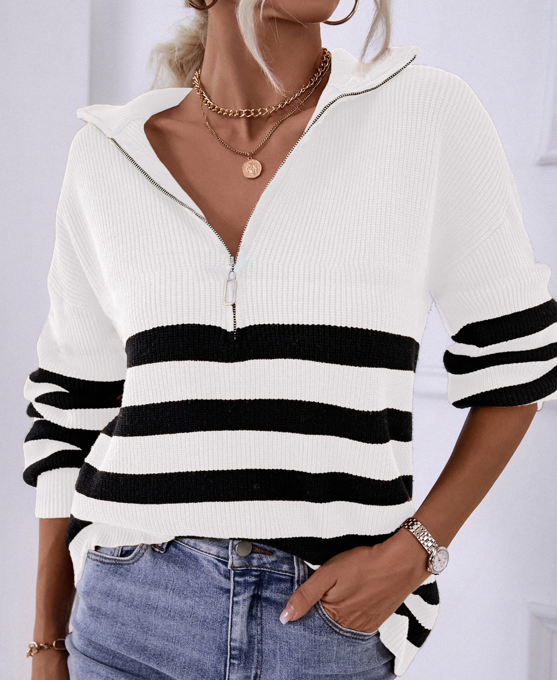 BTFBM Women 2025 Casual Long Sleeve Zip Striped Pullover Sweaters V Neck Collar Ribbed Knit Fall Winter Slouchy Jumpers(Striped White, Small)
