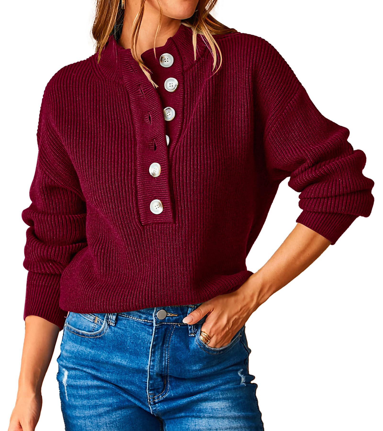 Okiwam Women's V Neck Button Sweater Loose Long Sleeve Cable Knit Pullover Fall Casual Jumper Top