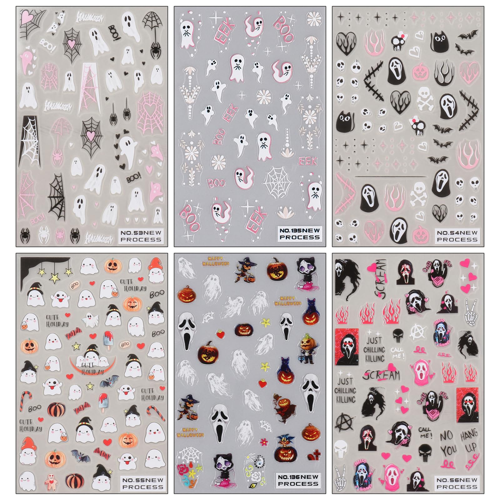 JMEOWIO 6 Sheets Pink Halloween Nail Art Stickers Decals Self-Adhesive Pegatinas Uñas Cute Skull Horror Ghost Witchy Spider Web Bat Spook Nail Supplies Nail Art Design Decoration Accessories