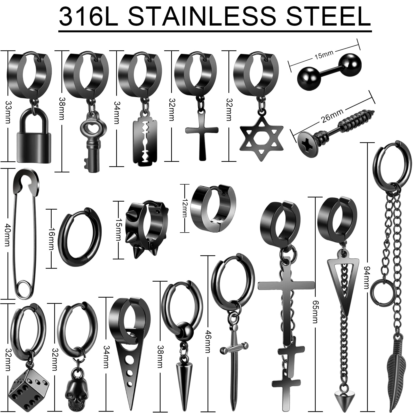 Black Cross Earrings for Men, 28 Pieces Stainless Steel Long Chain Dangle Piercing Hoop Earrings Set for Gifts (Black)