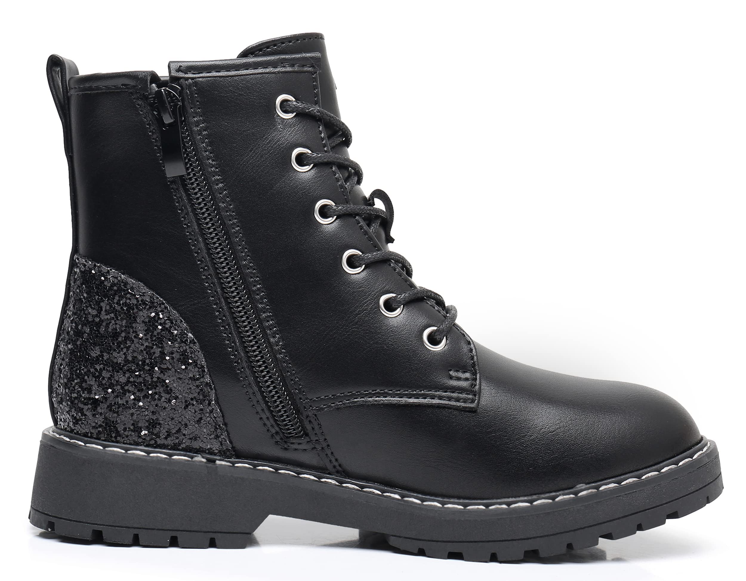 Blikcon Kids Girls Combat Ankle Boots Lace up Inner Zipper Fashion Booties (Color : Black, Size : 2 Little Kid)