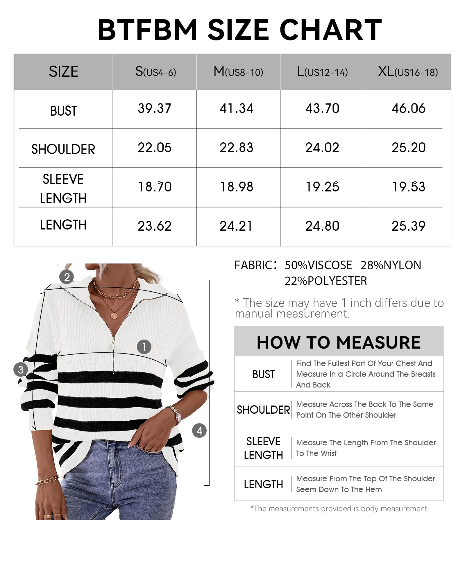 BTFBM Women 2025 Casual Long Sleeve Zip Striped Pullover Sweaters V Neck Collar Ribbed Knit Fall Winter Slouchy Jumpers(Striped White, Small)