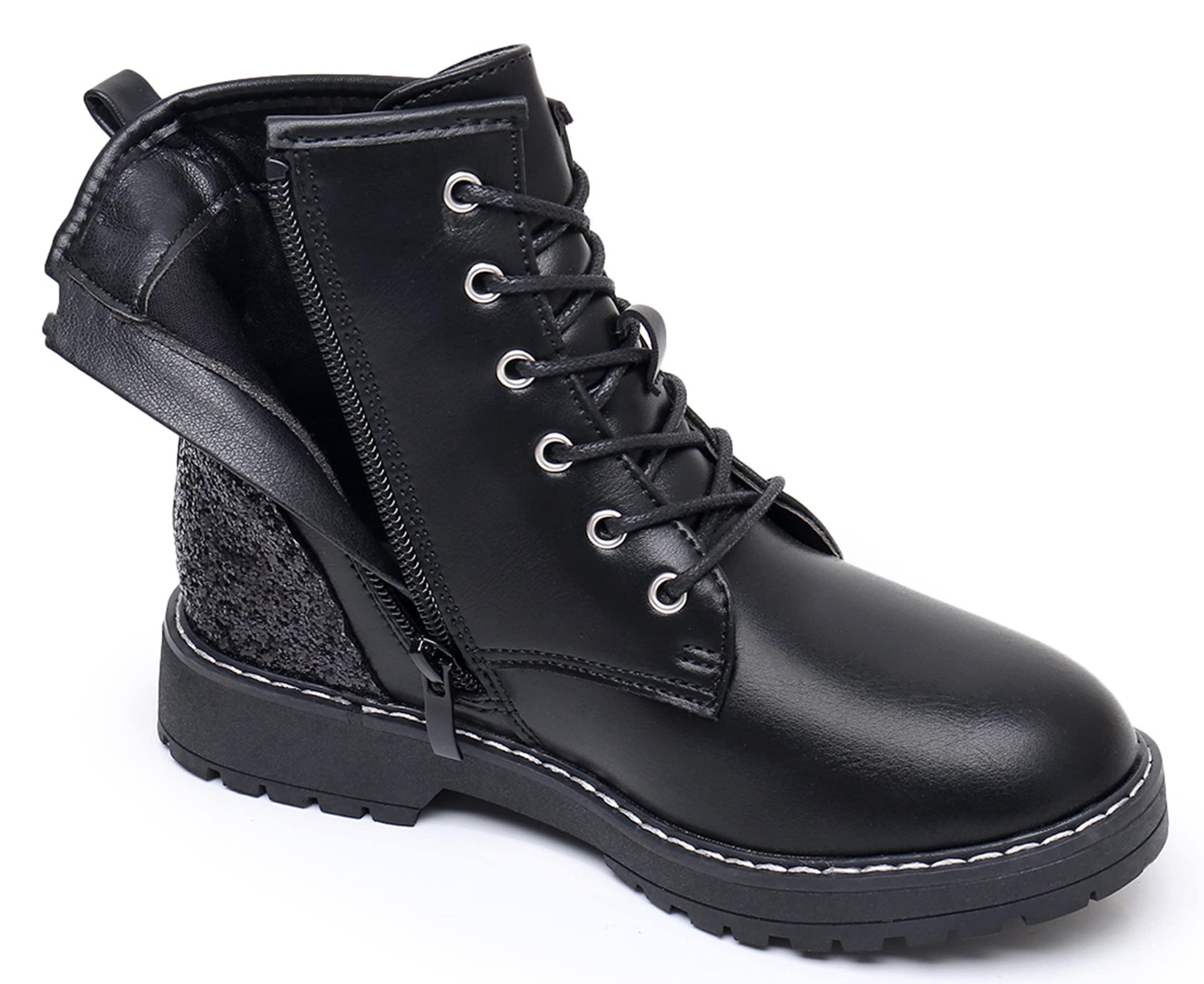 Blikcon Kids Girls Combat Ankle Boots Lace up Inner Zipper Fashion Booties (Color : Black, Size : 2 Little Kid)