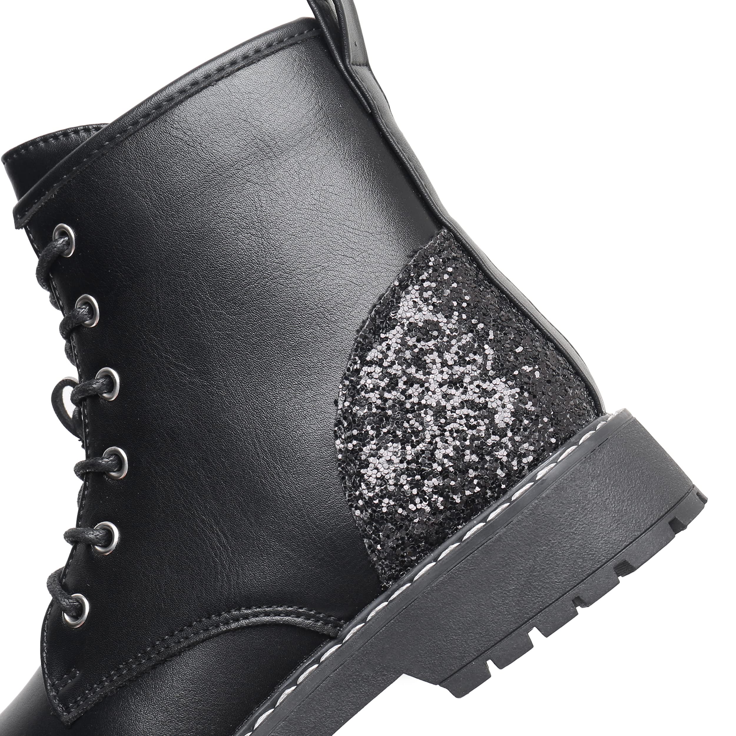 Blikcon Kids Girls Combat Ankle Boots Lace up Inner Zipper Fashion Booties (Color : Black, Size : 2 Little Kid)