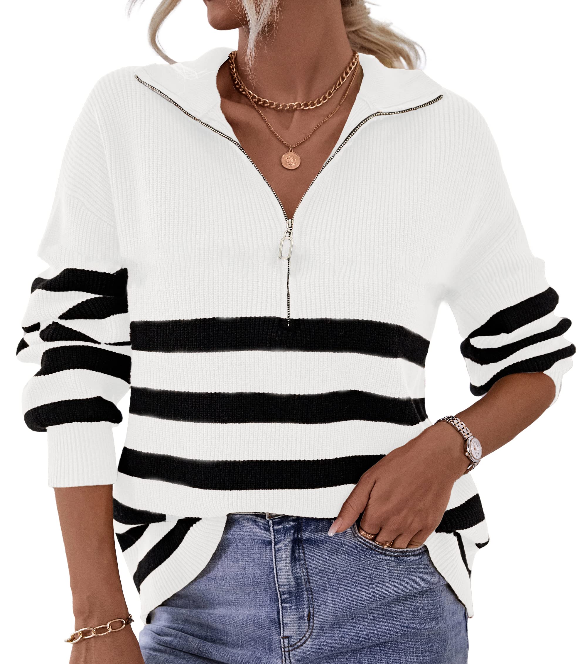 BTFBM Women 2025 Casual Long Sleeve Zip Striped Pullover Sweaters V Neck Collar Ribbed Knit Fall Winter Slouchy Jumpers(Striped White, Small)