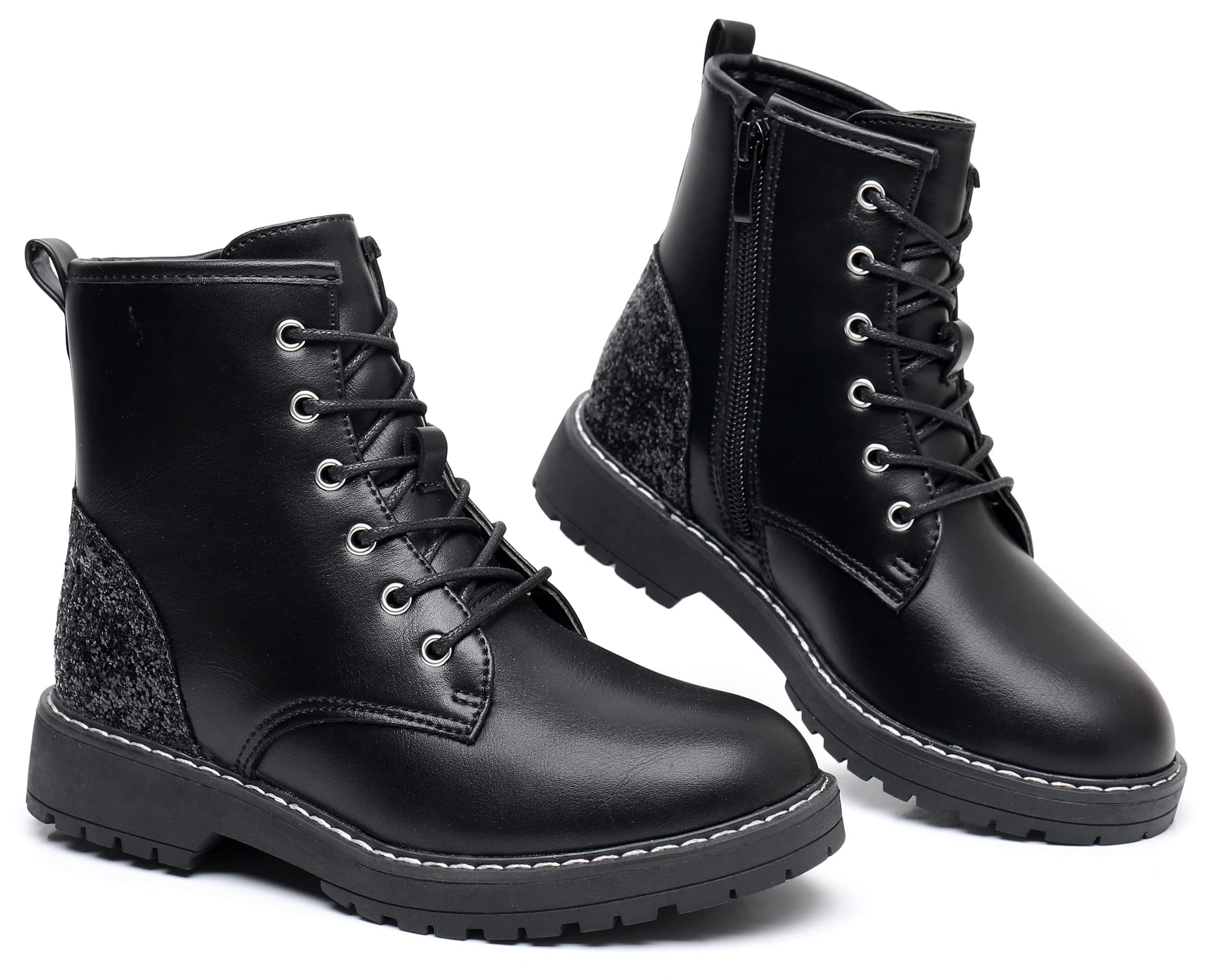 Blikcon Kids Girls Combat Ankle Boots Lace up Inner Zipper Fashion Booties (Color : Black, Size : 2 Little Kid)
