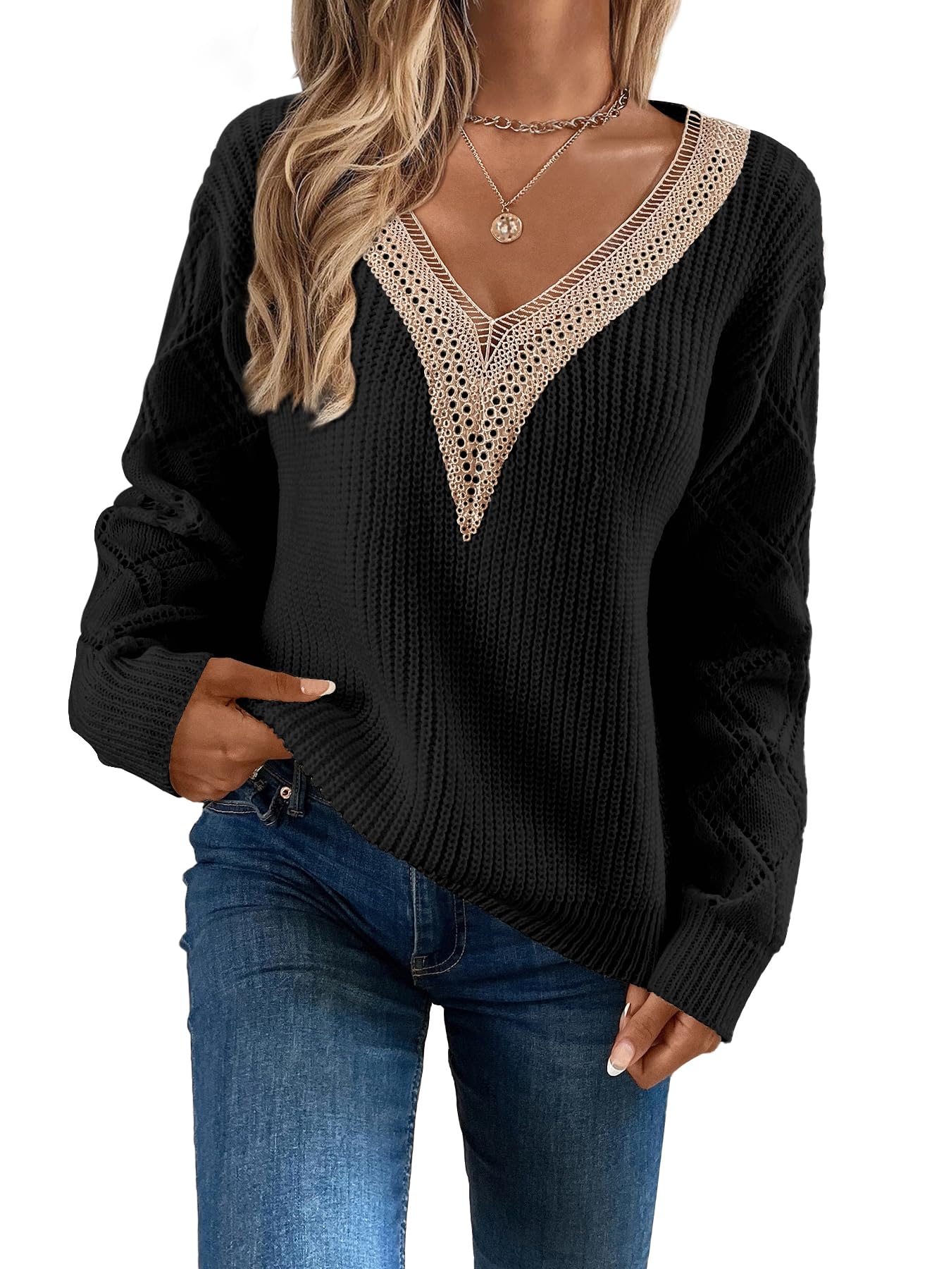 miduo Womens Long Sleeve V Neck Guipure Lace Panel Ladies Warm Ribbed Knit Pullovers Sweaters Jumper Tops Outerwear Cream White XL